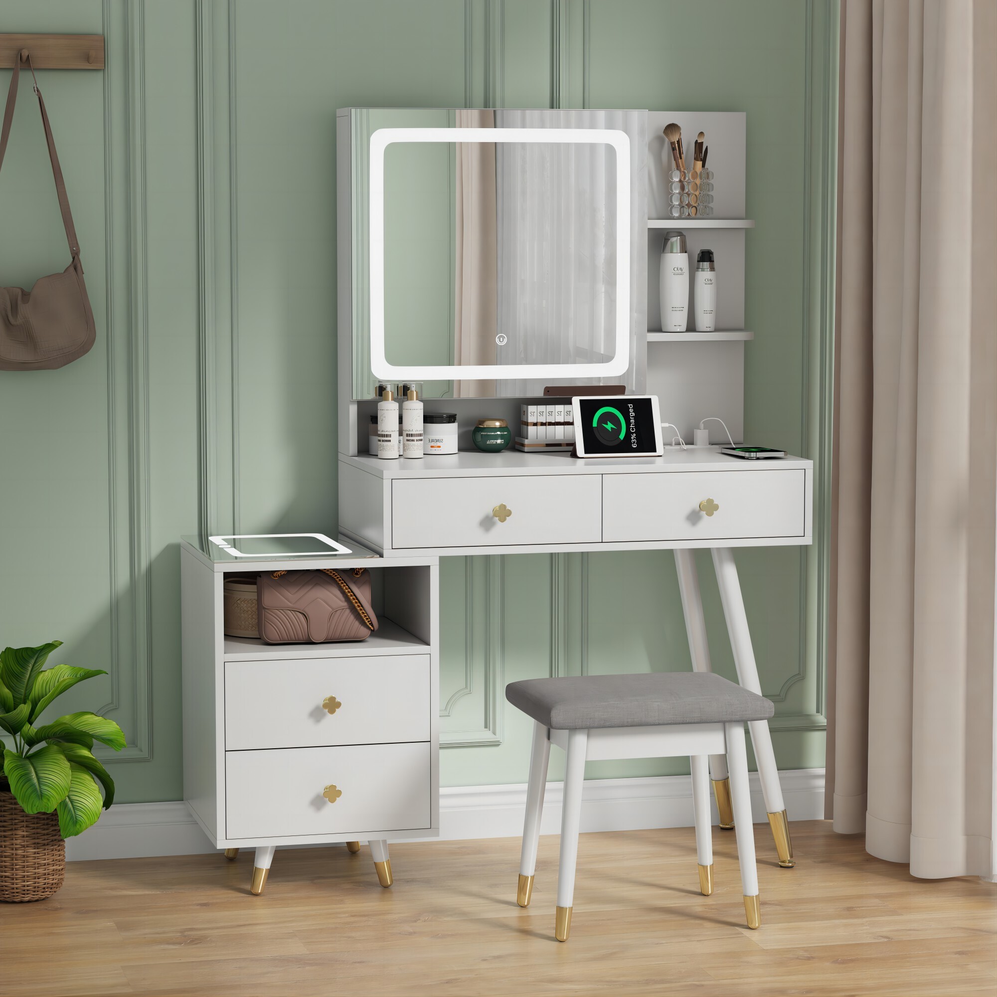 IVV Modern Vanity Table Set with Cushioned Stool, Wood Dressing Desk ...