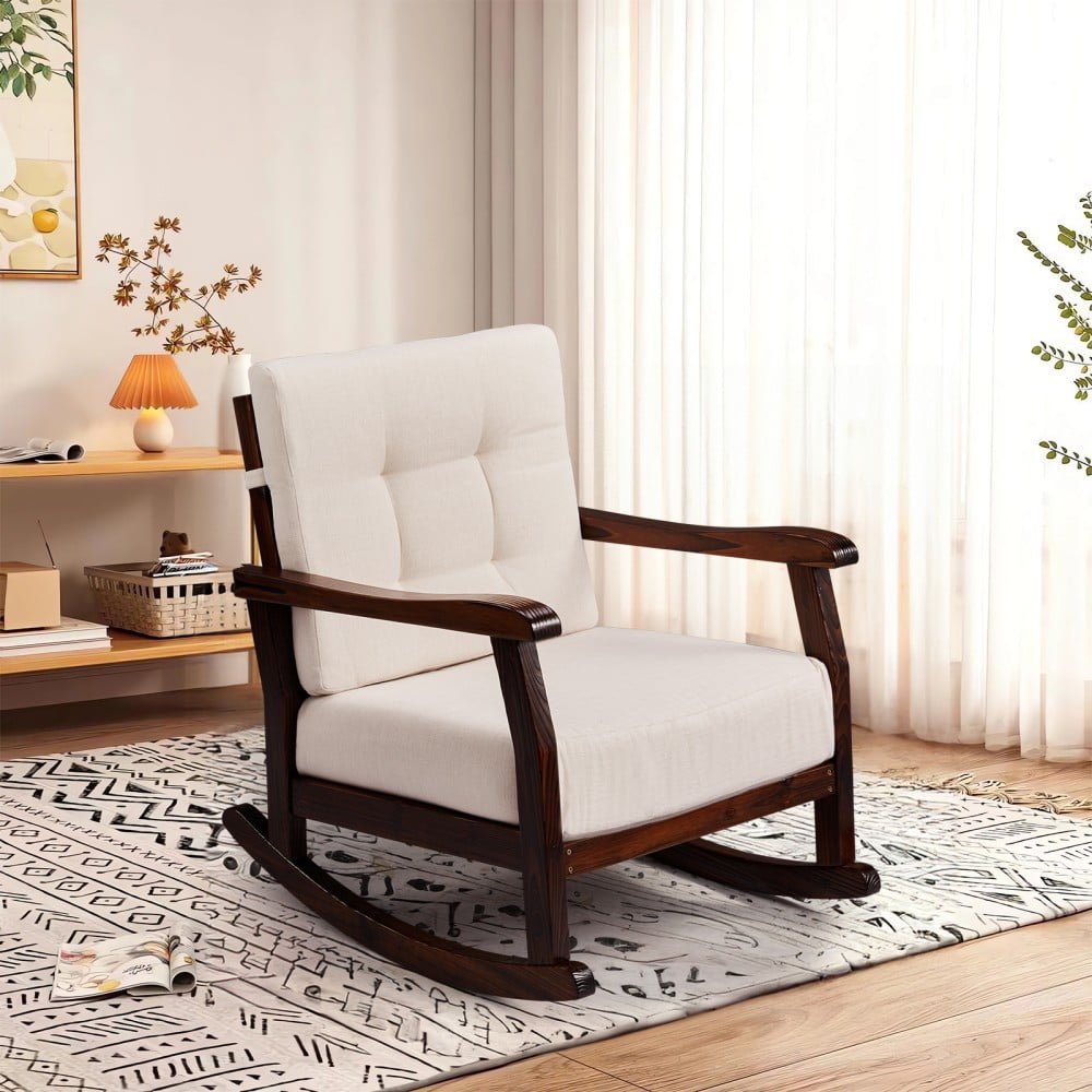 IVV Outdoor Wood Rocking Chair with Inclined Backrest and Wide Armrest ...