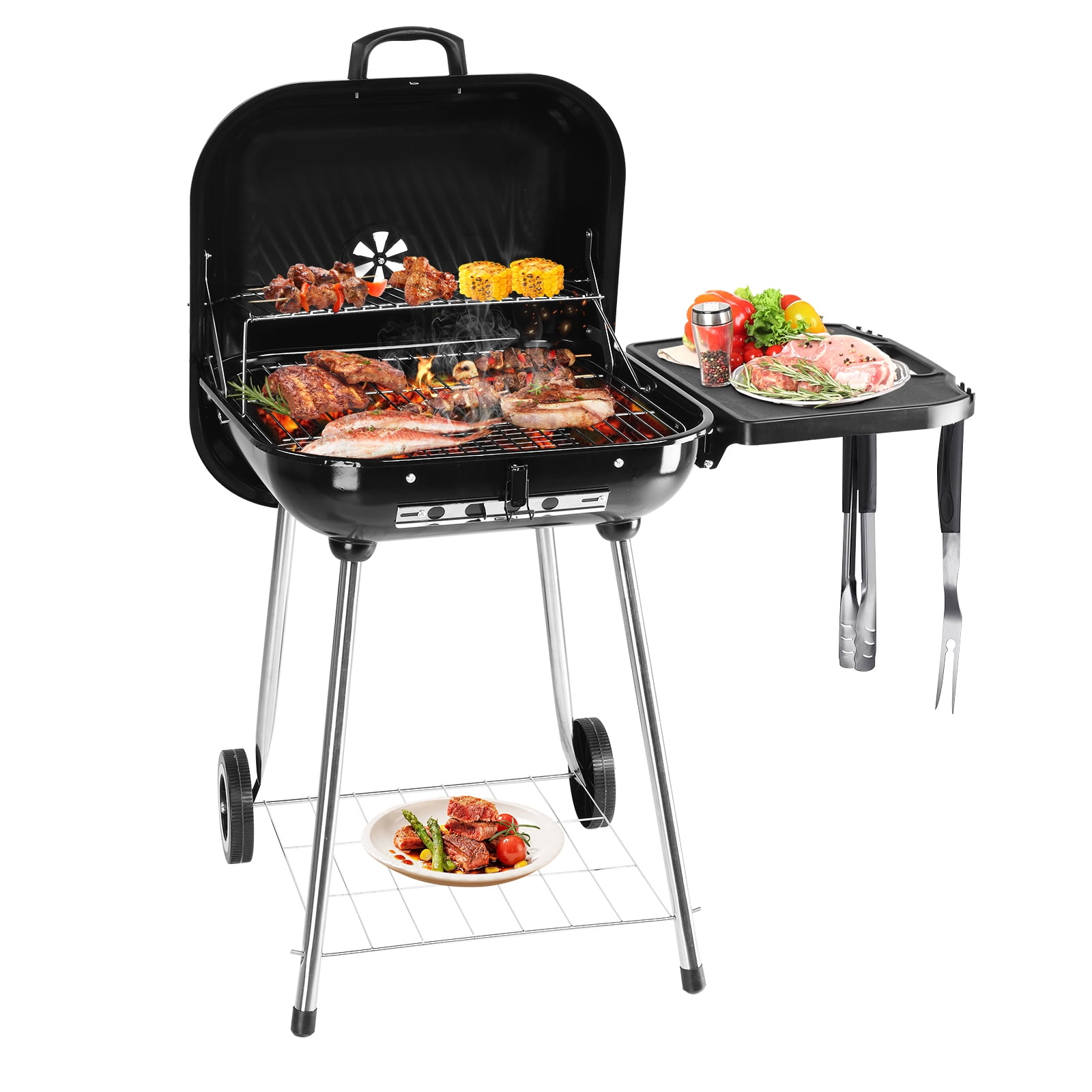 IVV Portable Charcoal Grill with Wheels and Bottom Shelf, BBQ Smoker ...