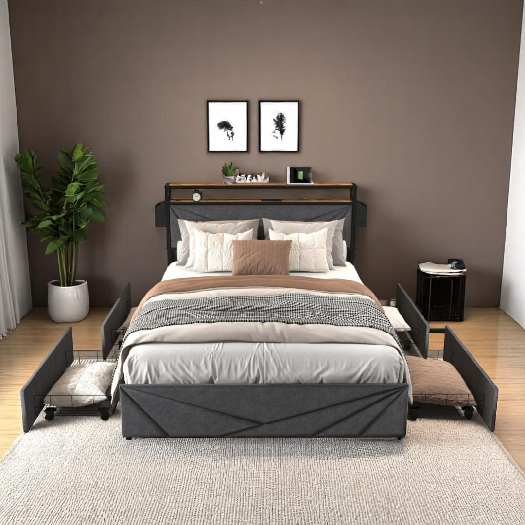 IVV Queen Size LED Platform Bed with 4 Drawers, Storage Upholstered ...