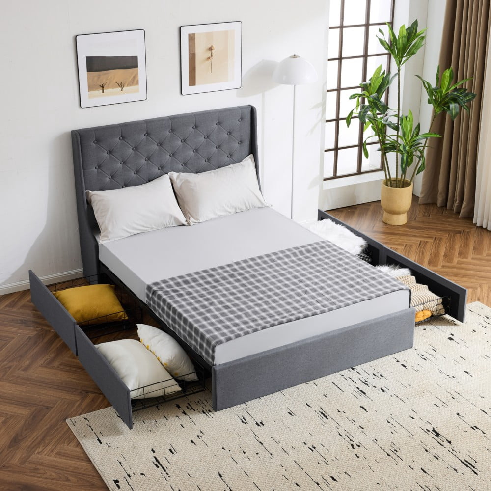 IVV Queen Size Upholstered Platform Bed Frame with 4 Storage Drawers ...