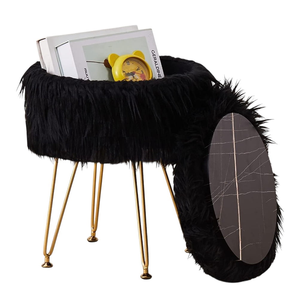 IVV Round Faux Fur Vanity Stool with Storage, Furry Makeup Chair ...