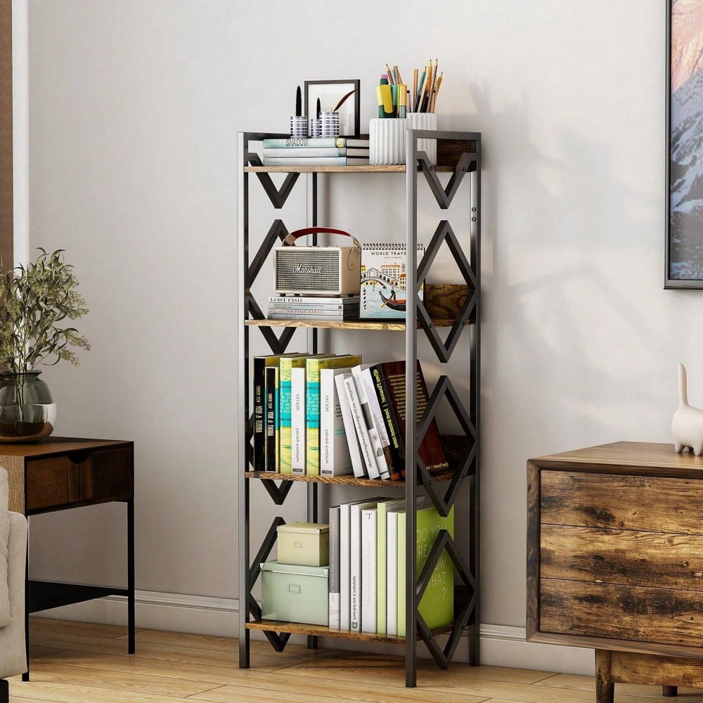 IVV Small Bookshelf: 4-Tier Wood Bookcase Industrial Bookshelf with ...