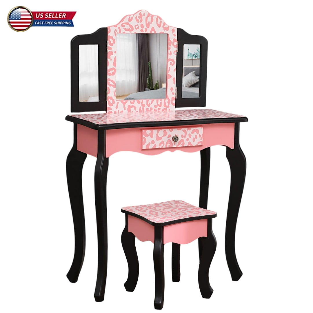 IVV Small Vanity Set with 3-Fold Mirror and Stool, Pink Leopard Print ...