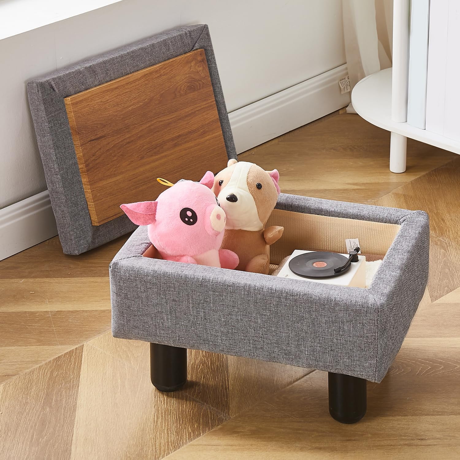 IVV Storage Ottoman, Linen Upholstered Footrest with Flip Tray Top and ...