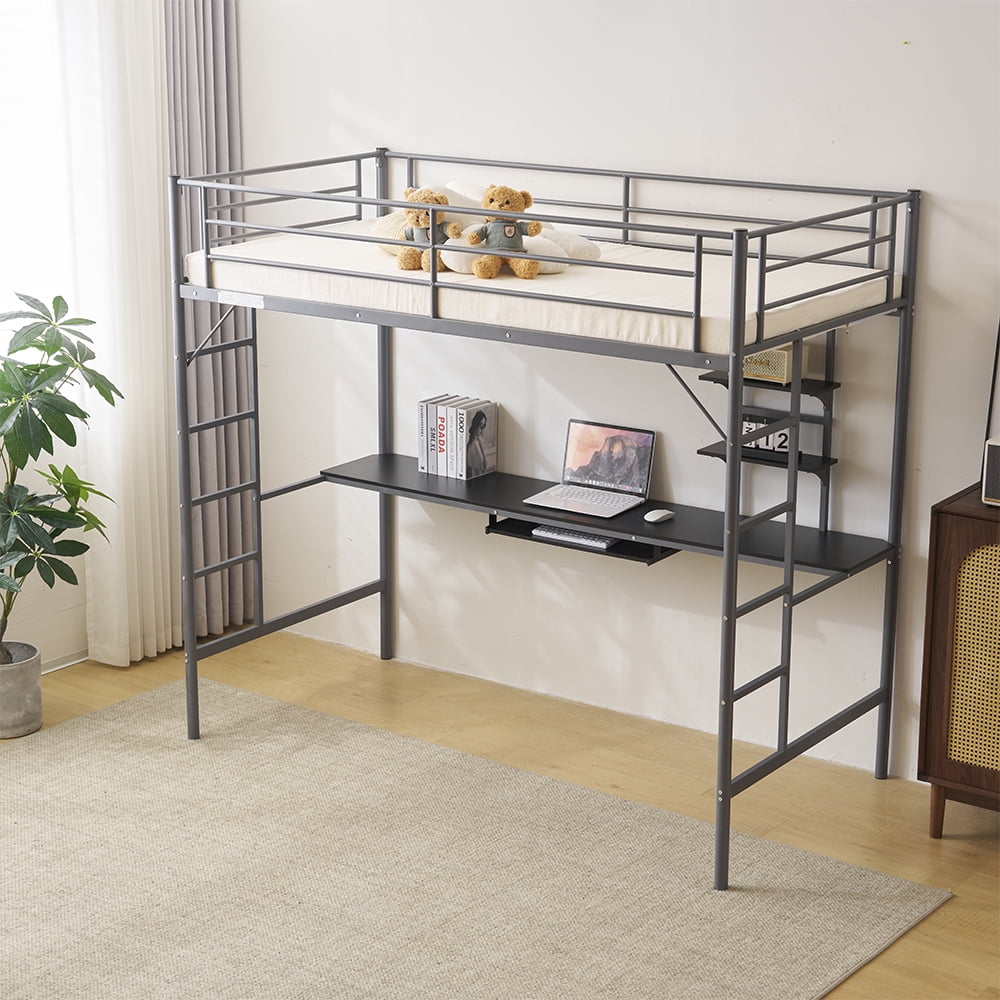 IVV Twin Size Metal Loft Bed with 2 Built-in Ladders & Full-Length ...