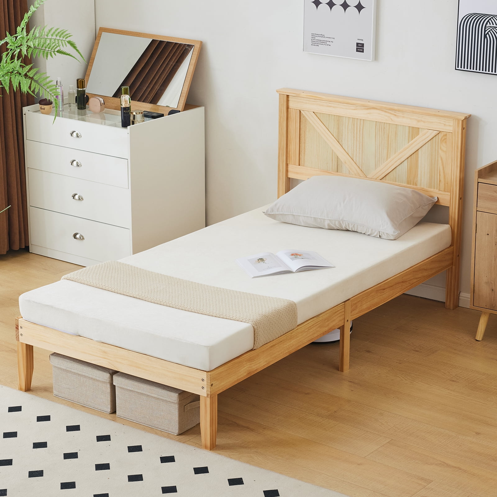 IVV Twin Size Platform Bed, Simple Wood Bed Frame with Headboard ...