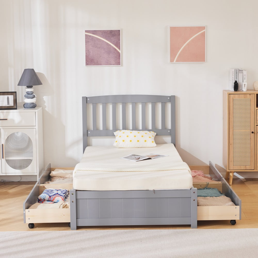 IVV Twin Size Platform Bed with 4 Storage Drawers, Solid Pine Wood ...