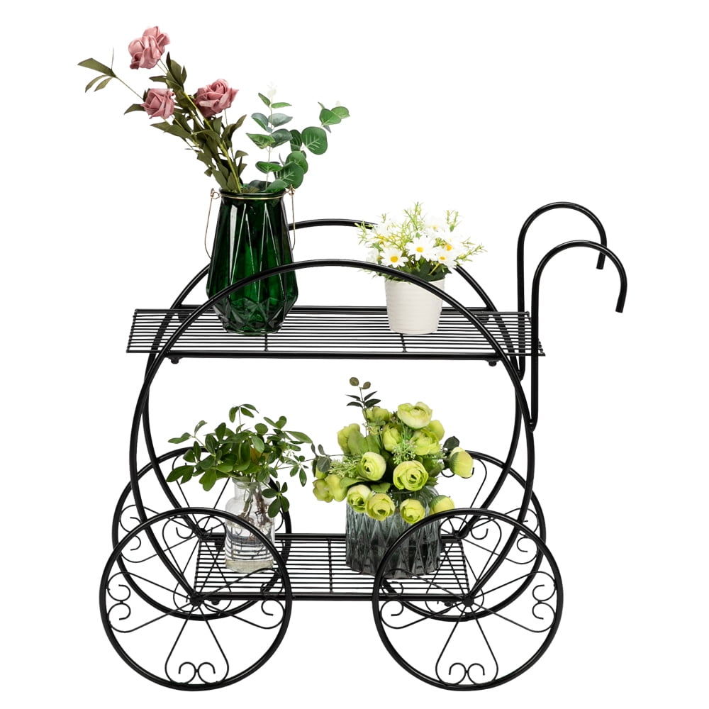 IVV Two-Tiered Garden Cart Metal Plant Stand, Succulent Flower Pot Holder Display Shelf for ...