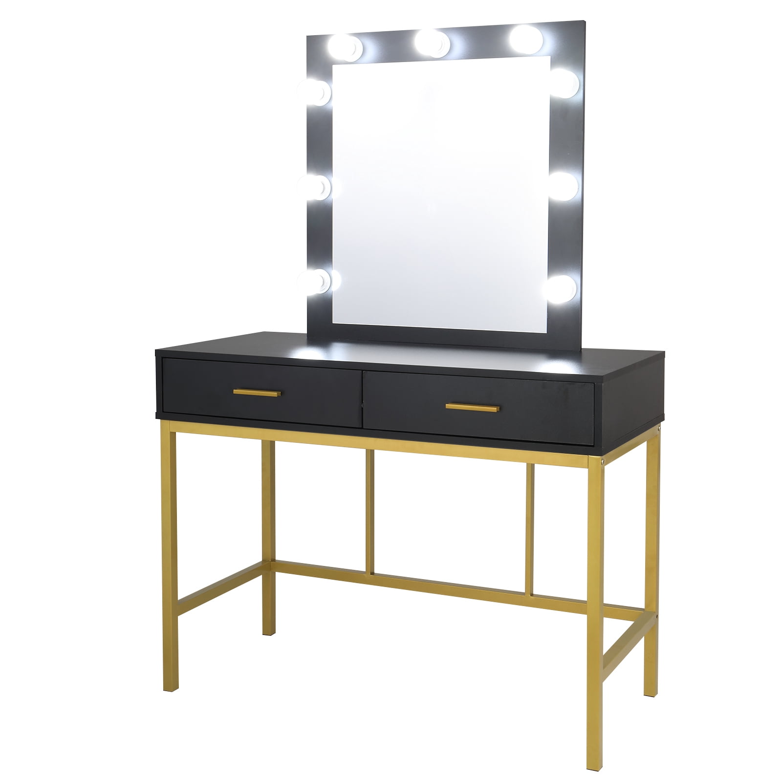 IVV Vanity Table Set with Lighted Mirror, 9 Bulbs, 2 Drawers, Gold ...