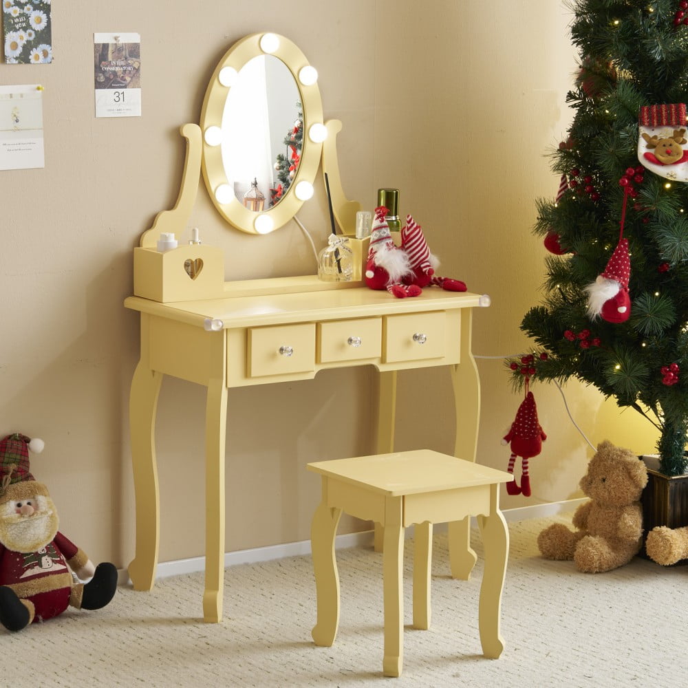 IVV Vanity Table and Stool Set, Kid's Makeup Dressing Table with LED ...