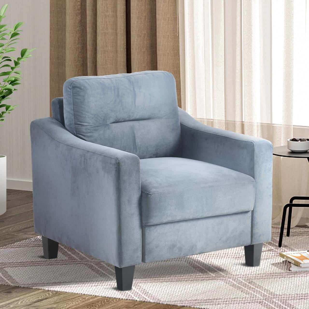 IVV Velvet Upholstered Sofa Chair in Blue-Gray, Modern Accent Leisure Lounge Armchair with ...