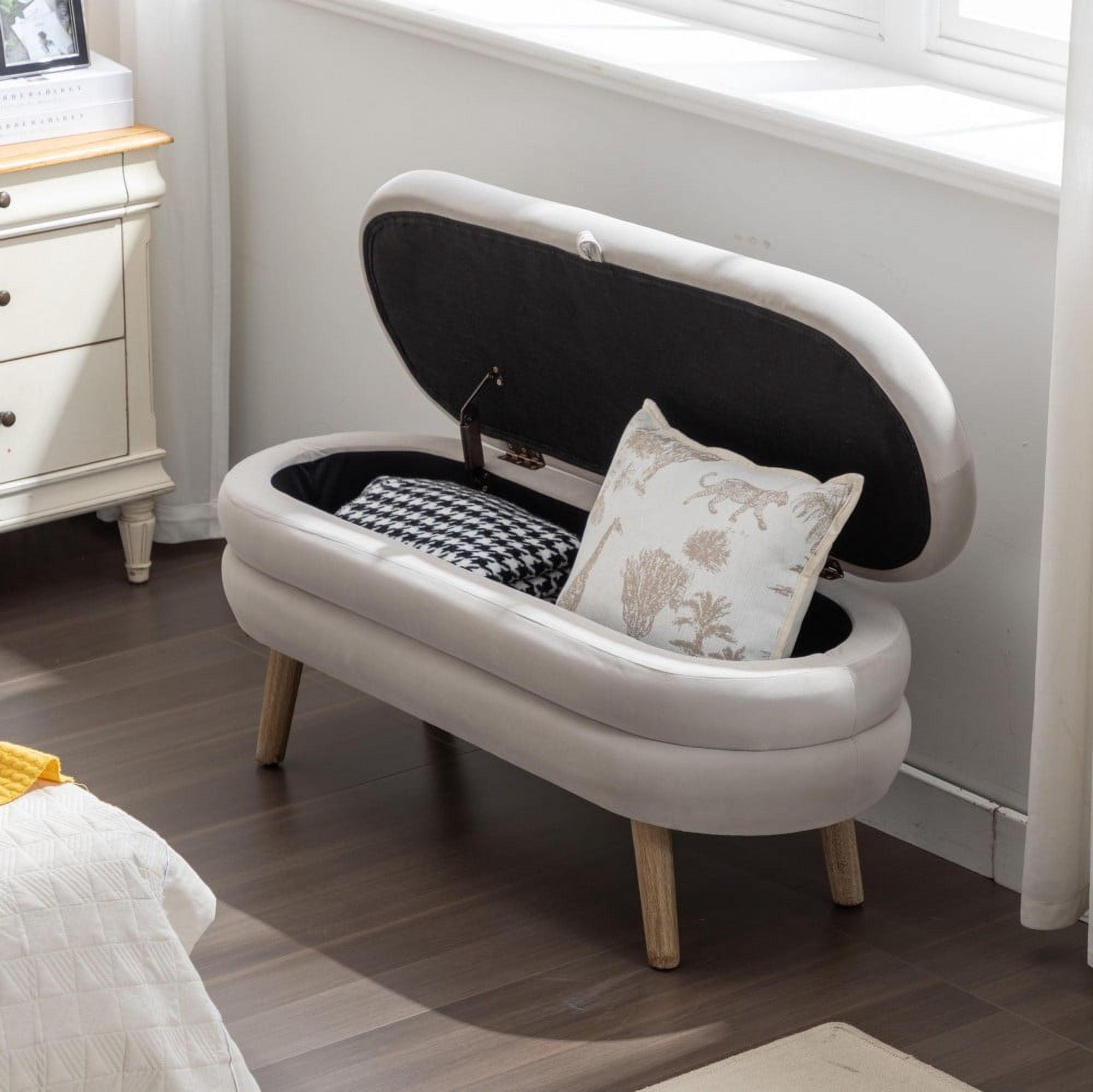 IVV Velvet Upholstered Storage Ottoman in Light Gray, Oval Multi ...