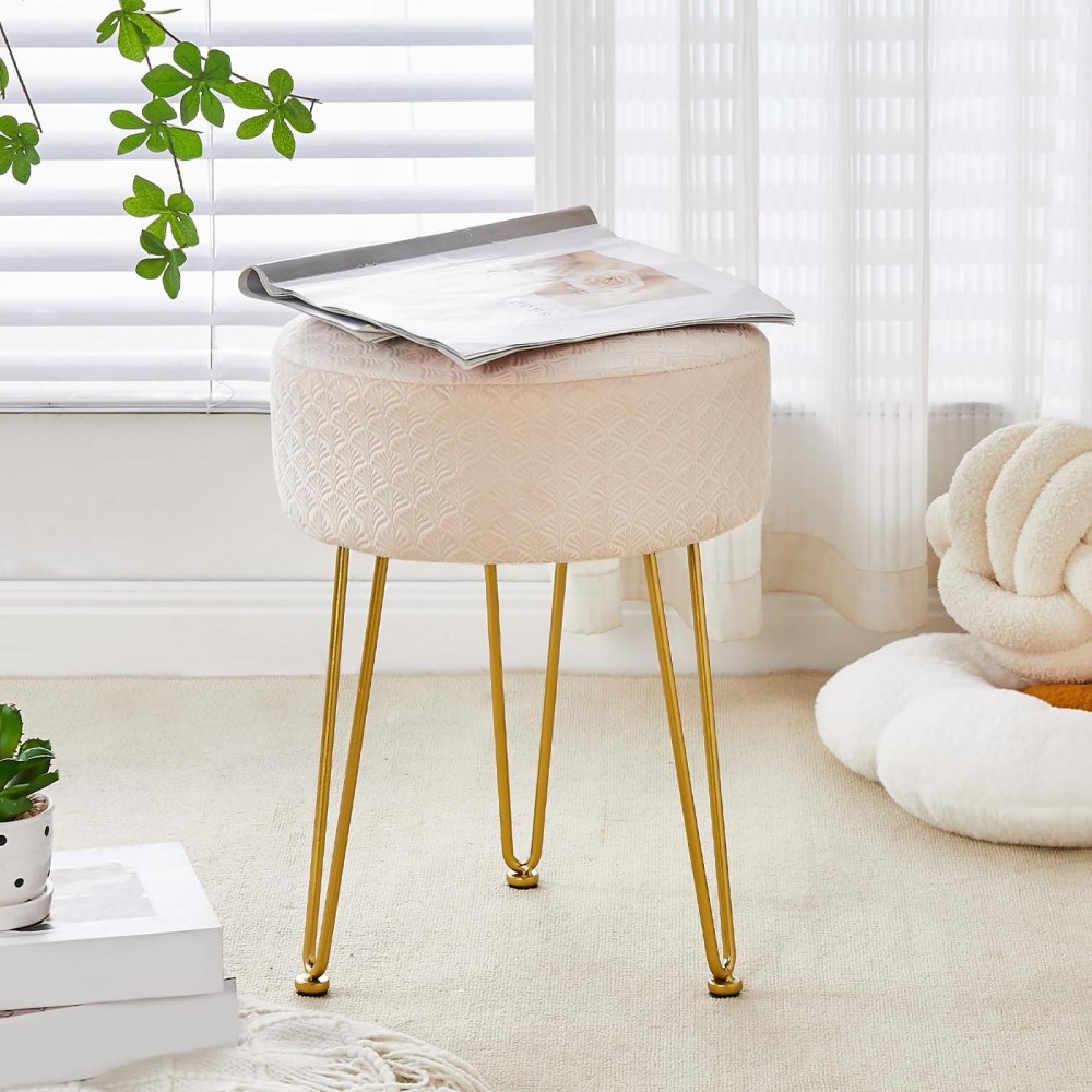 IVV Velvet Upholstered Vanity Footstool - Modern Round Footrest Ottoman ...