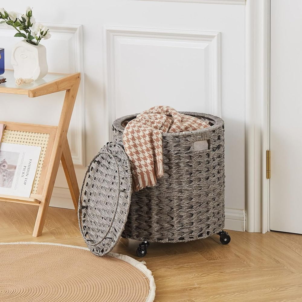 IVV Vintage Storage Basket, Rolling Round Ottoman Footrest Stool ...