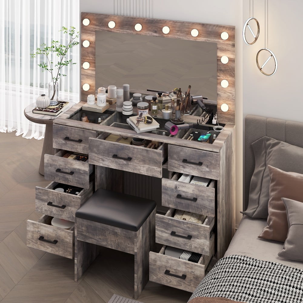 IVV Vintage Vanity Desk with Lighted Mirror and Cushioned Stool Set ...