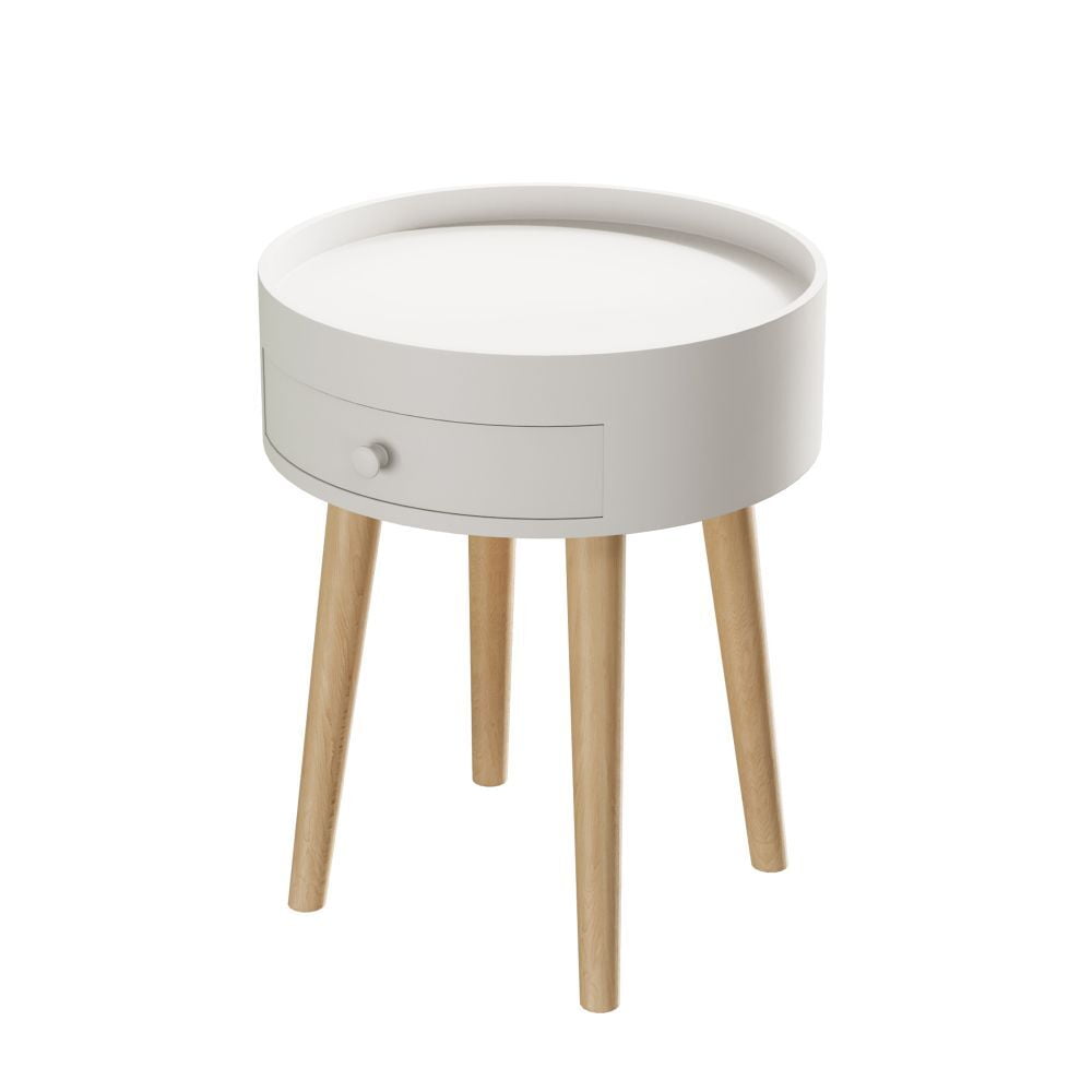 IVV White Small Nightstand, 15" Round Bedside Table with Drawer and Oak ...