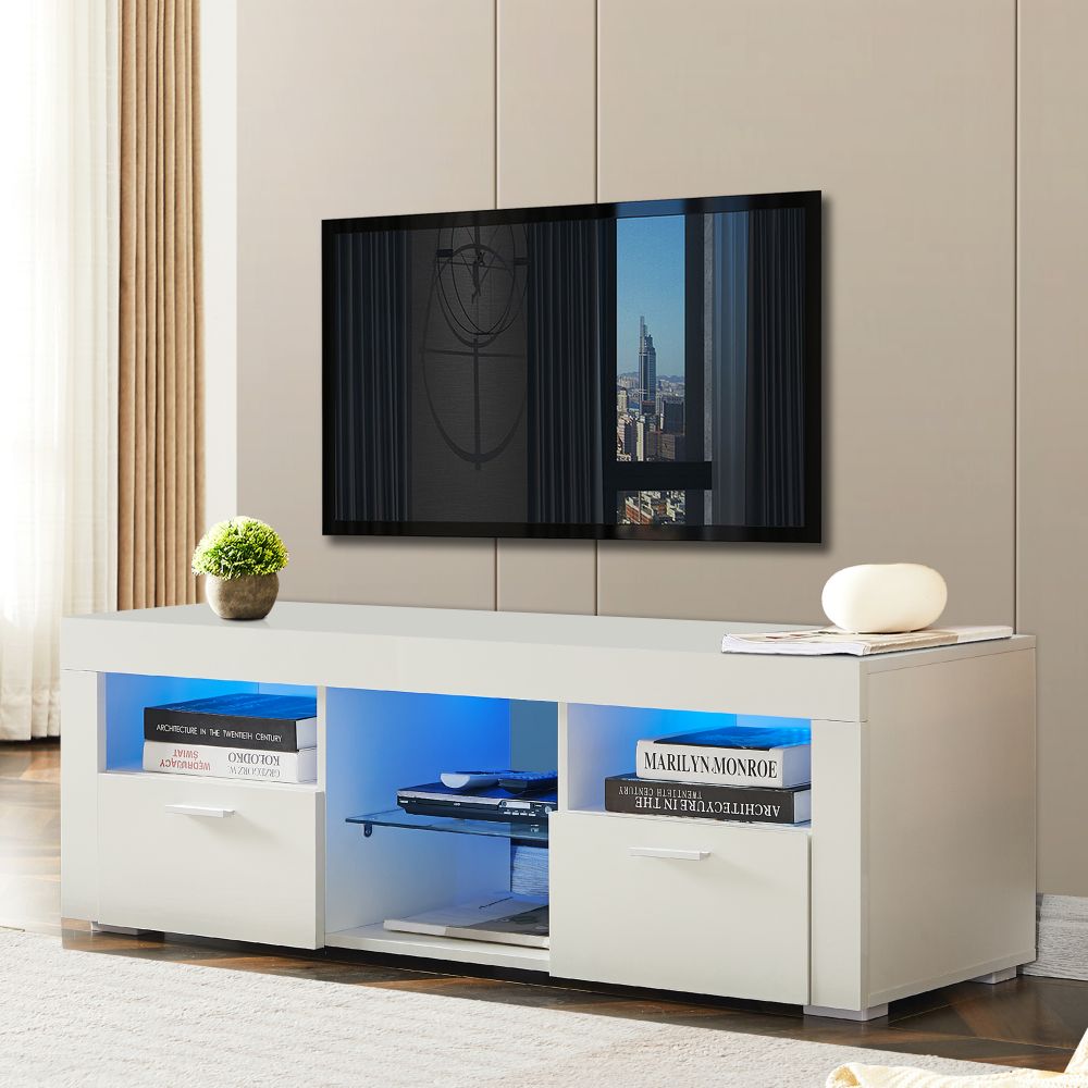 IVV White TV Stand with LED Light for Max 55" Televisions, Modern Media ...