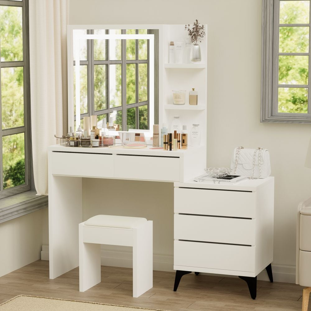 IVV White Vanity Set with Sliding Lighted Mirror & Cushioned Stool, 3 ...