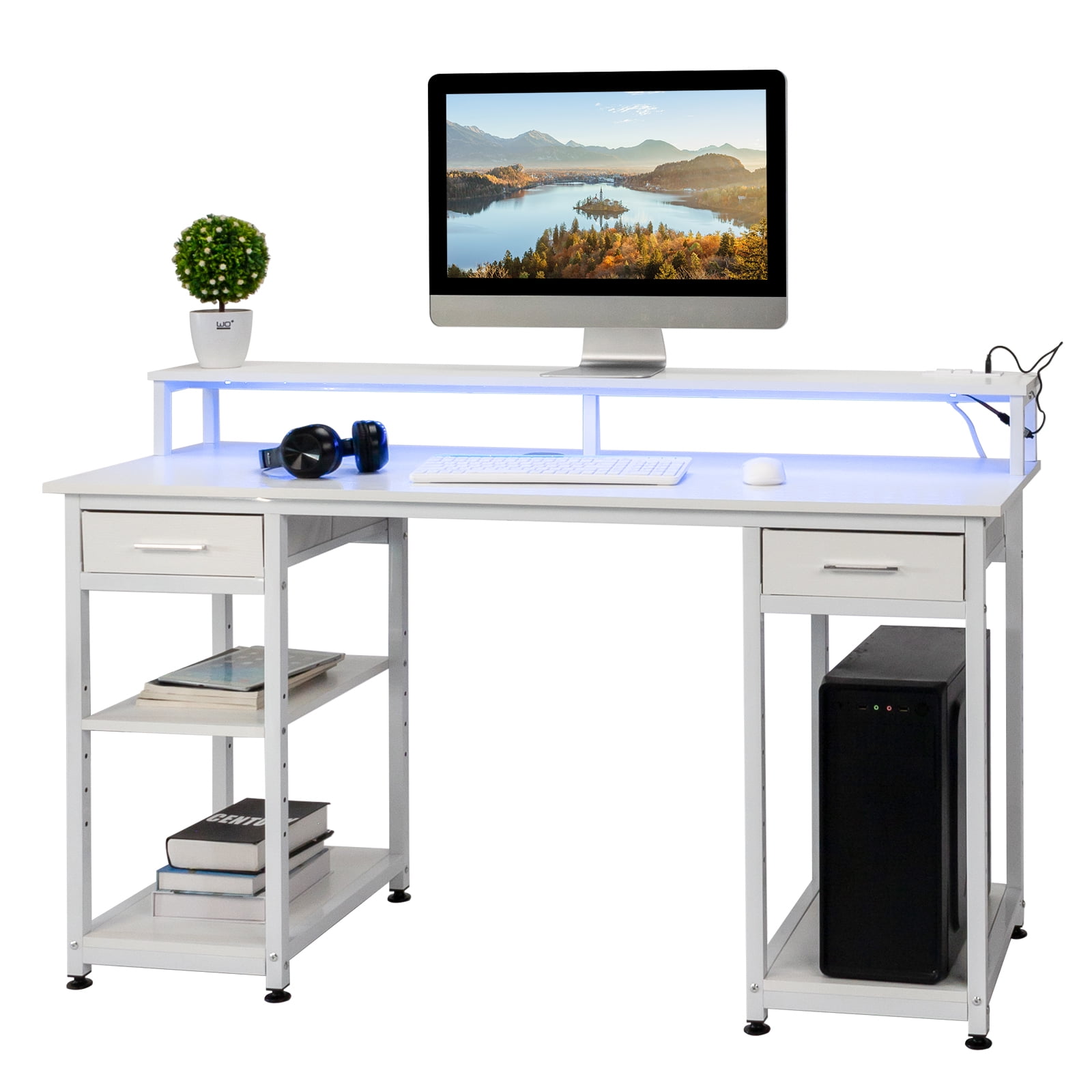 IVV Wood Computer Desk with Storage Shelves and 2 Fabric Drawers ...