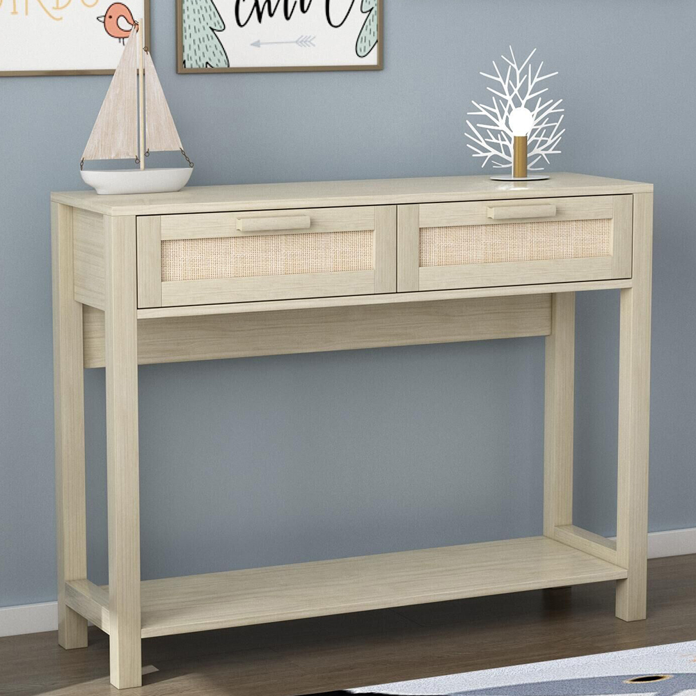 IVV Wood Console Table with 2 Rattan Drawers and Open Shelf, Modern Entryway Table with Storage ...