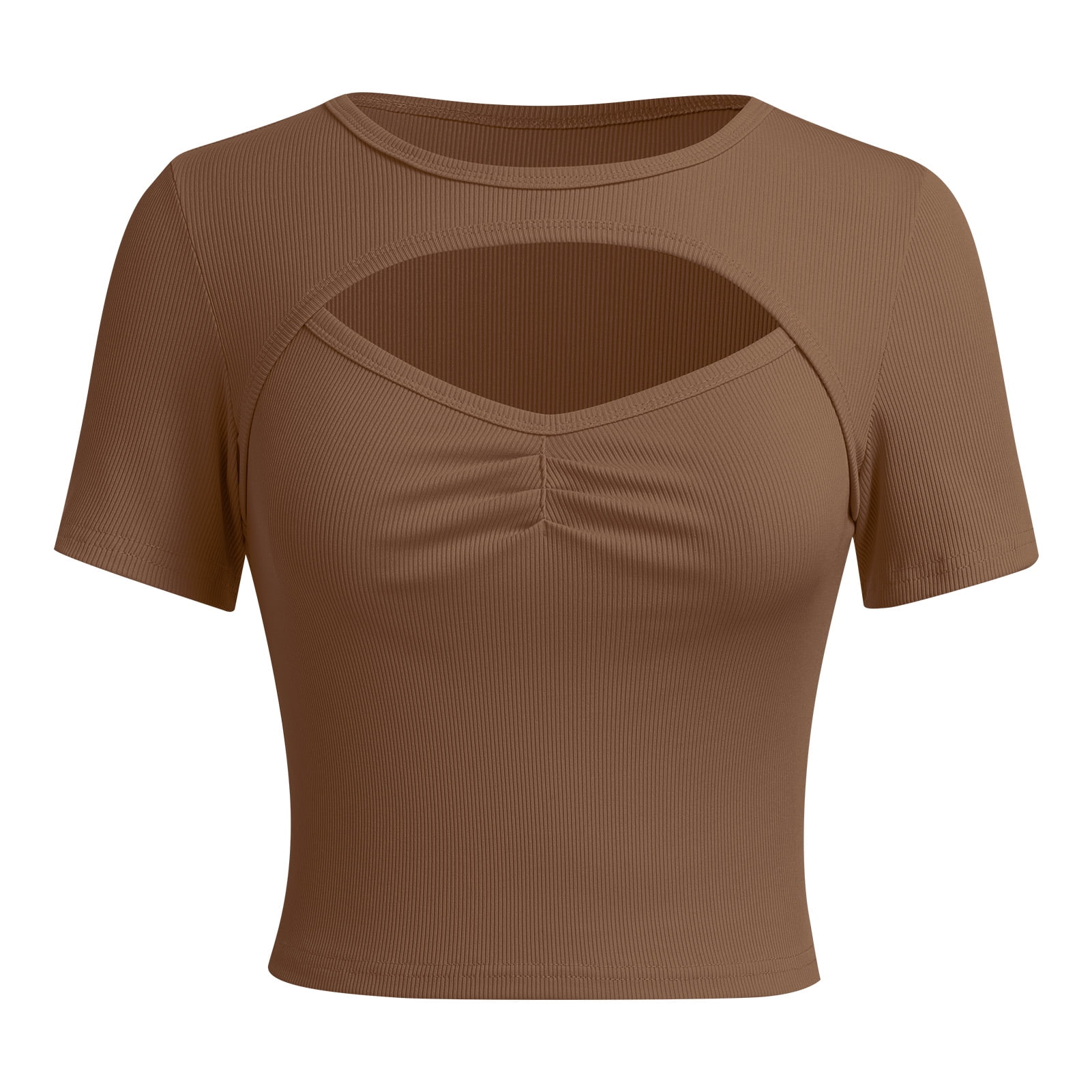 IWEMEK Crop Tops for Women Round Neck Keyhole T-shirt Plain Brown ...