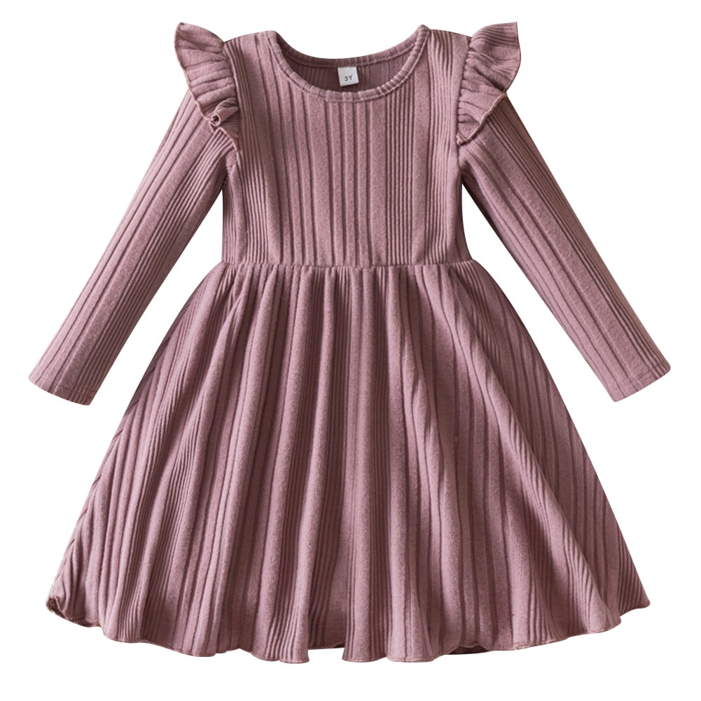 IWEMEK Little Girl Winter Dresses Ruffle Long Sleeve Crew Neck Dress ...