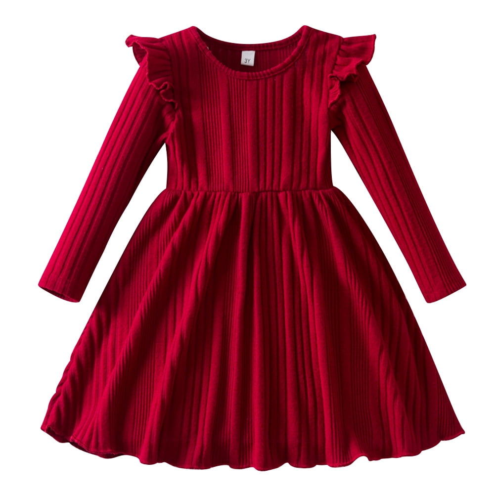 IWEMEK Long Sleeve Dress for Girls Pleated Round Neck Vintage Red ...