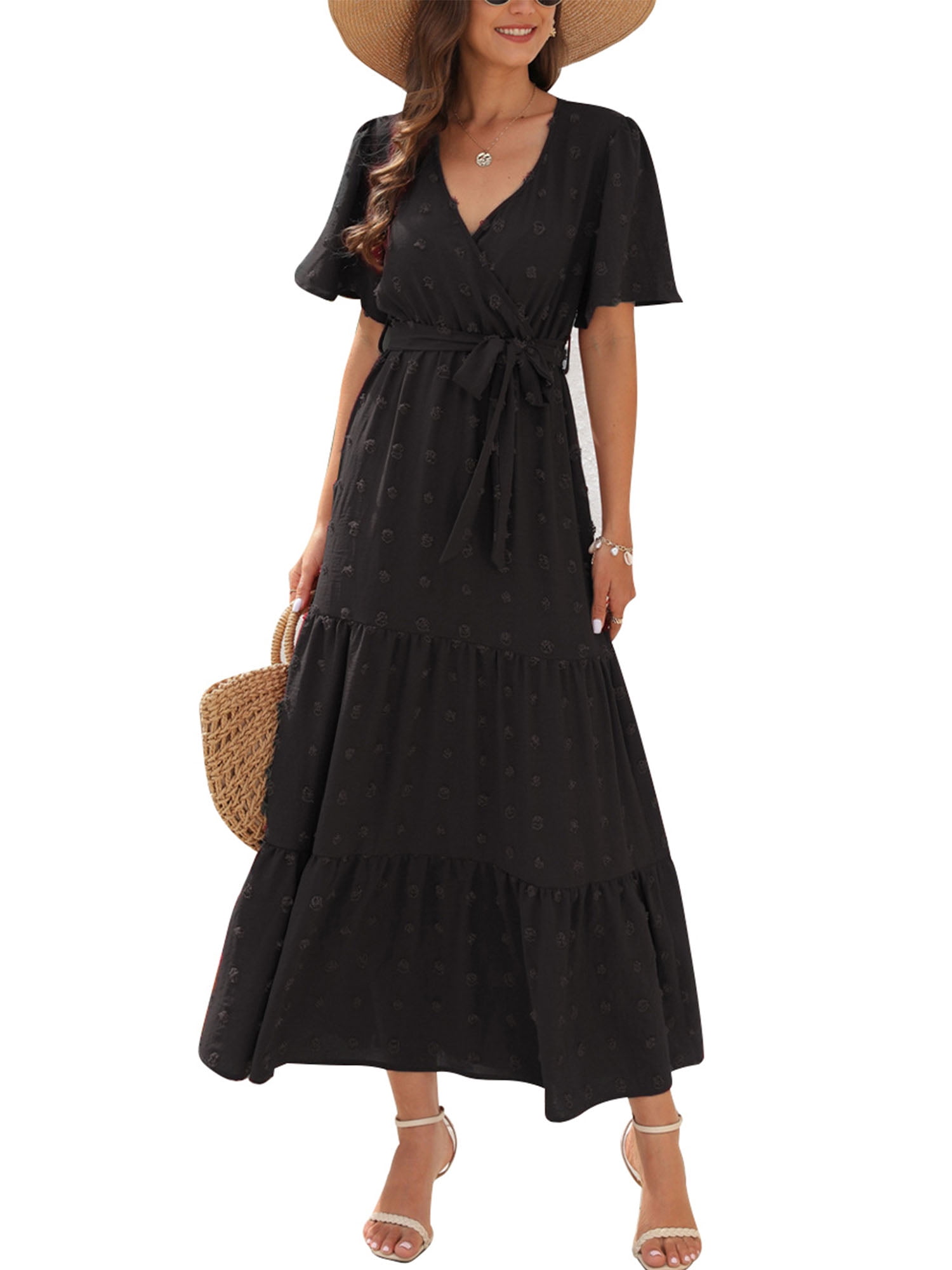 IWEMEK Women Dress Summer Maxi Dresses Beach Boho Flutter V Neck Black ...
