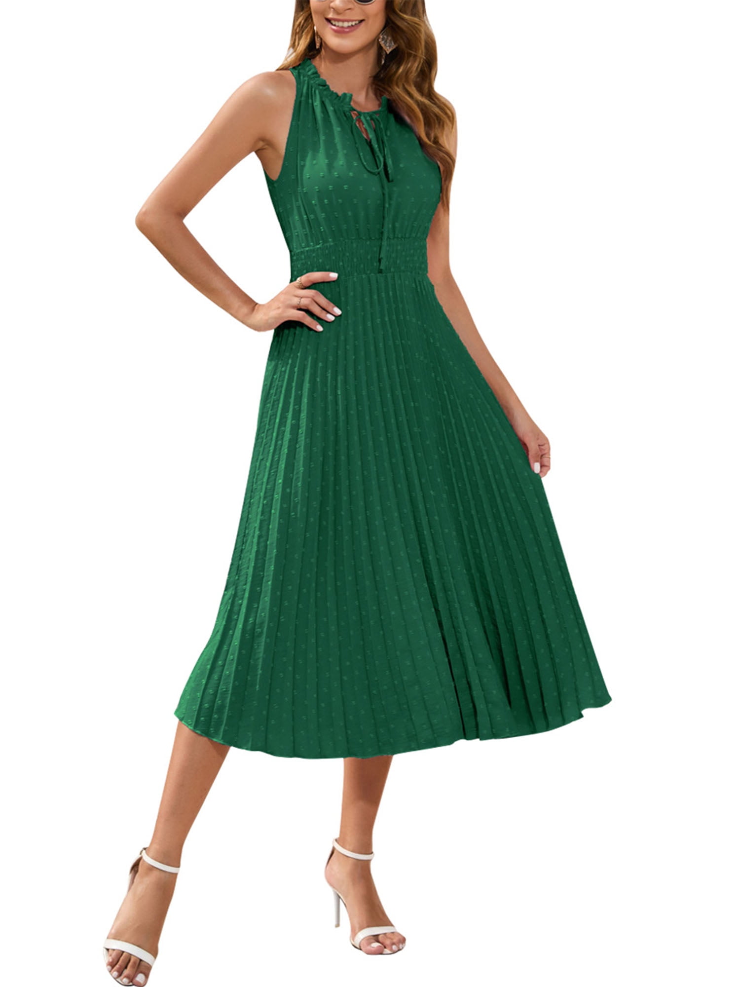 IWEMEK Women Dresses Summer Boho Beach Pleated Skirt Swiss Dot Green Midi Dress Halter ...