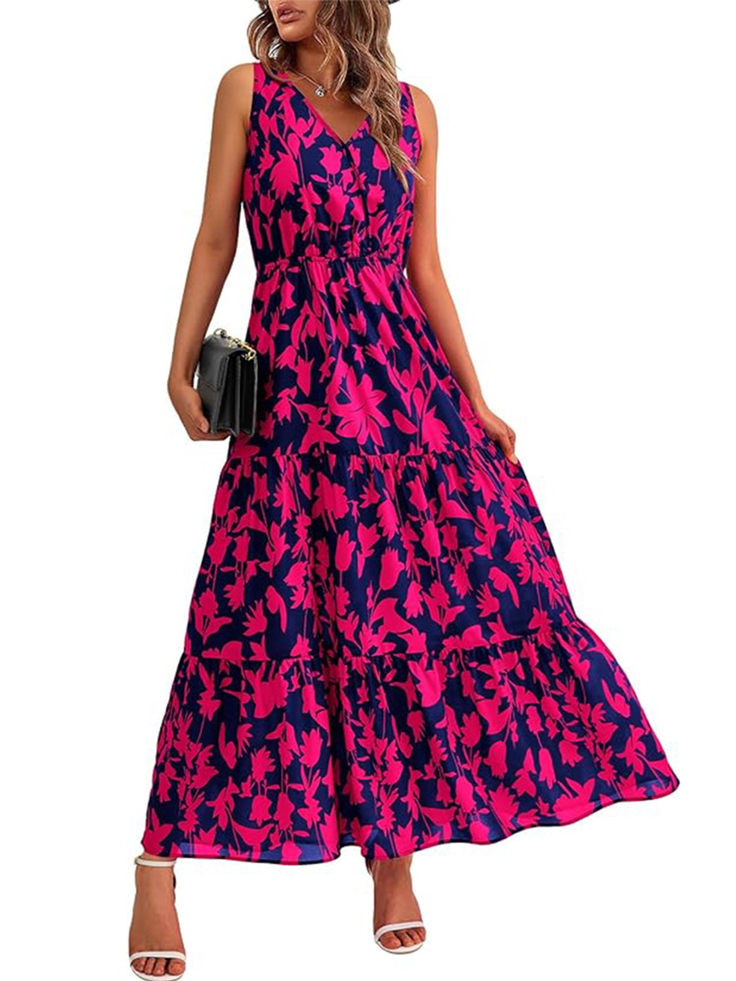 IWEMEK Women Dresses Summer Casual V Neck Maxi Dress Sleeveless A Line Sundress for Ladies ...