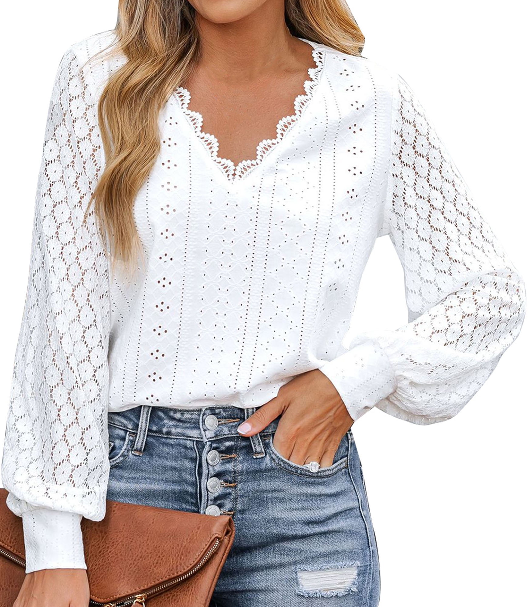 IWEMEK Women Fall Tops Loose Casual Trendy V Neck Shirts Poet Sleeve ...