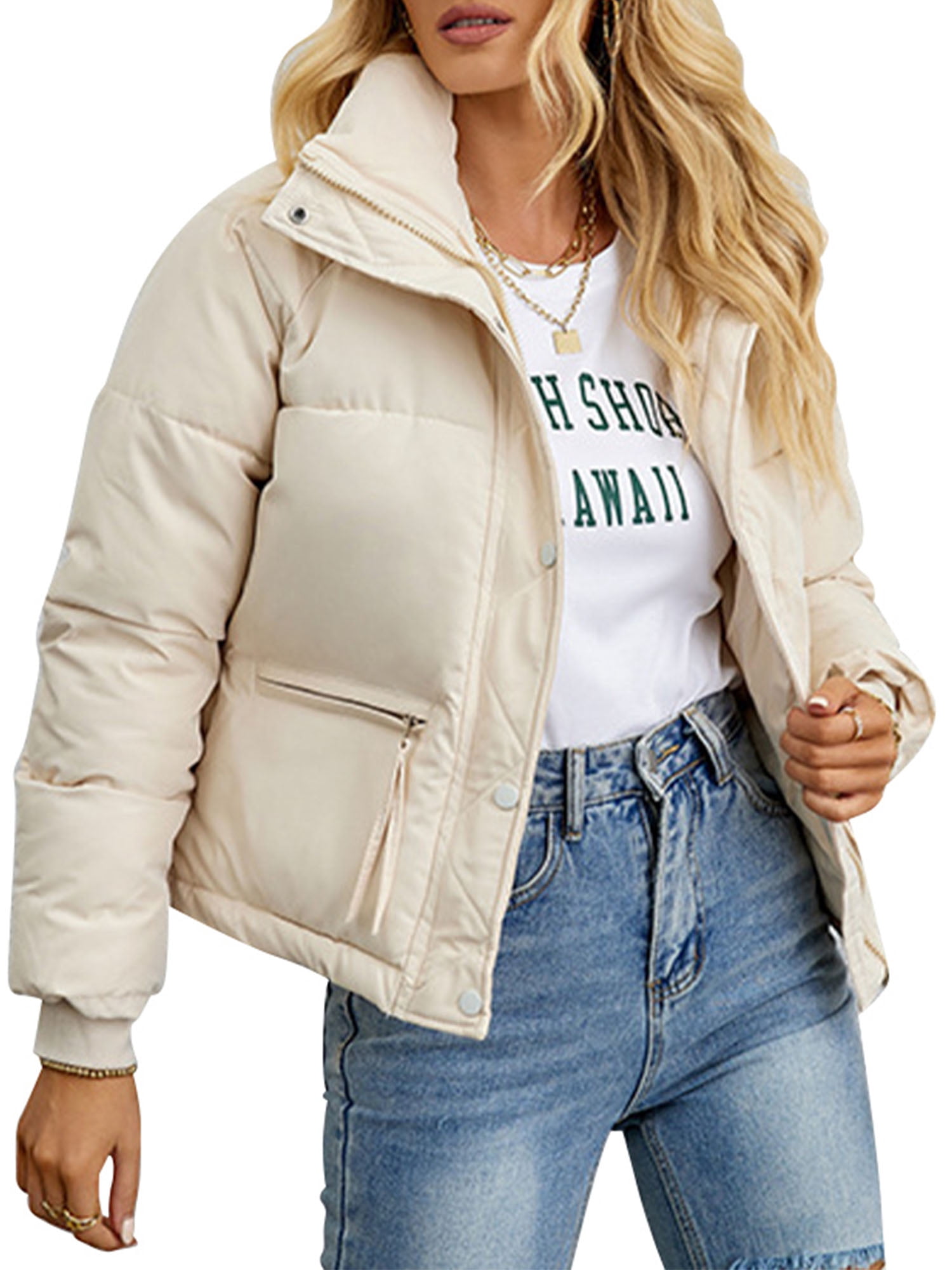 IWEMEK Women Jackets Casual Loose Turtleneck Puffer Coats Zipper Solid ...