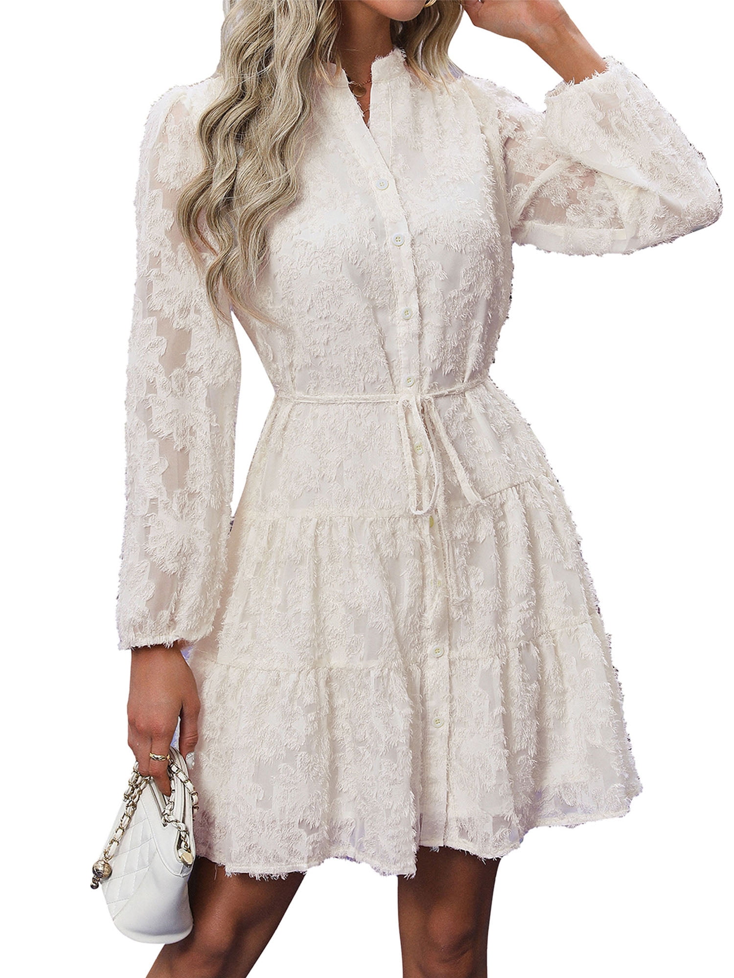 IWEMEK Women Long Sleeve Dress Button Up Vacation Leisure A-Line Spring ...