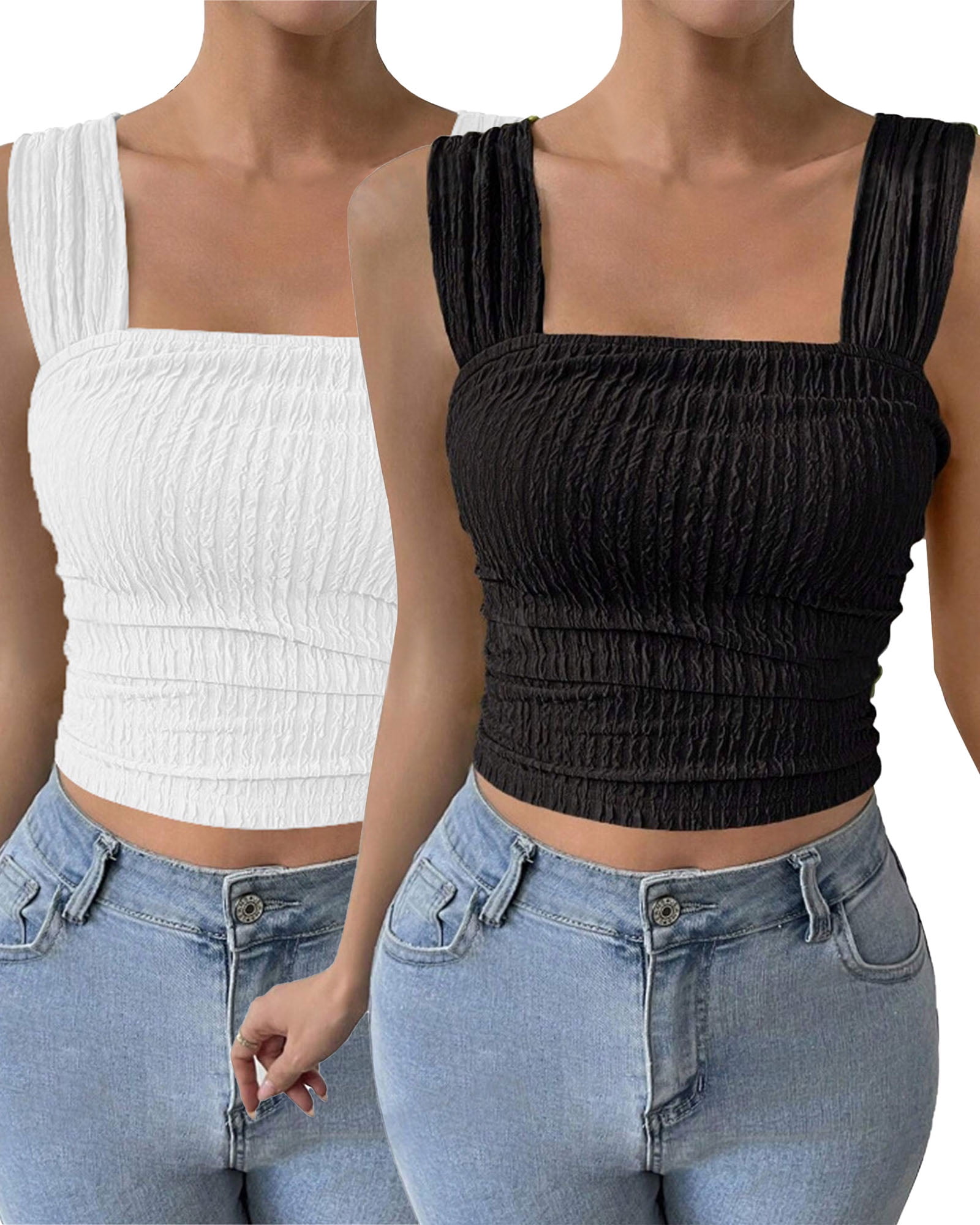 IWEMEK Women Tank Tops Pack of 2 Black Square Neck Summer Sleeveless ...