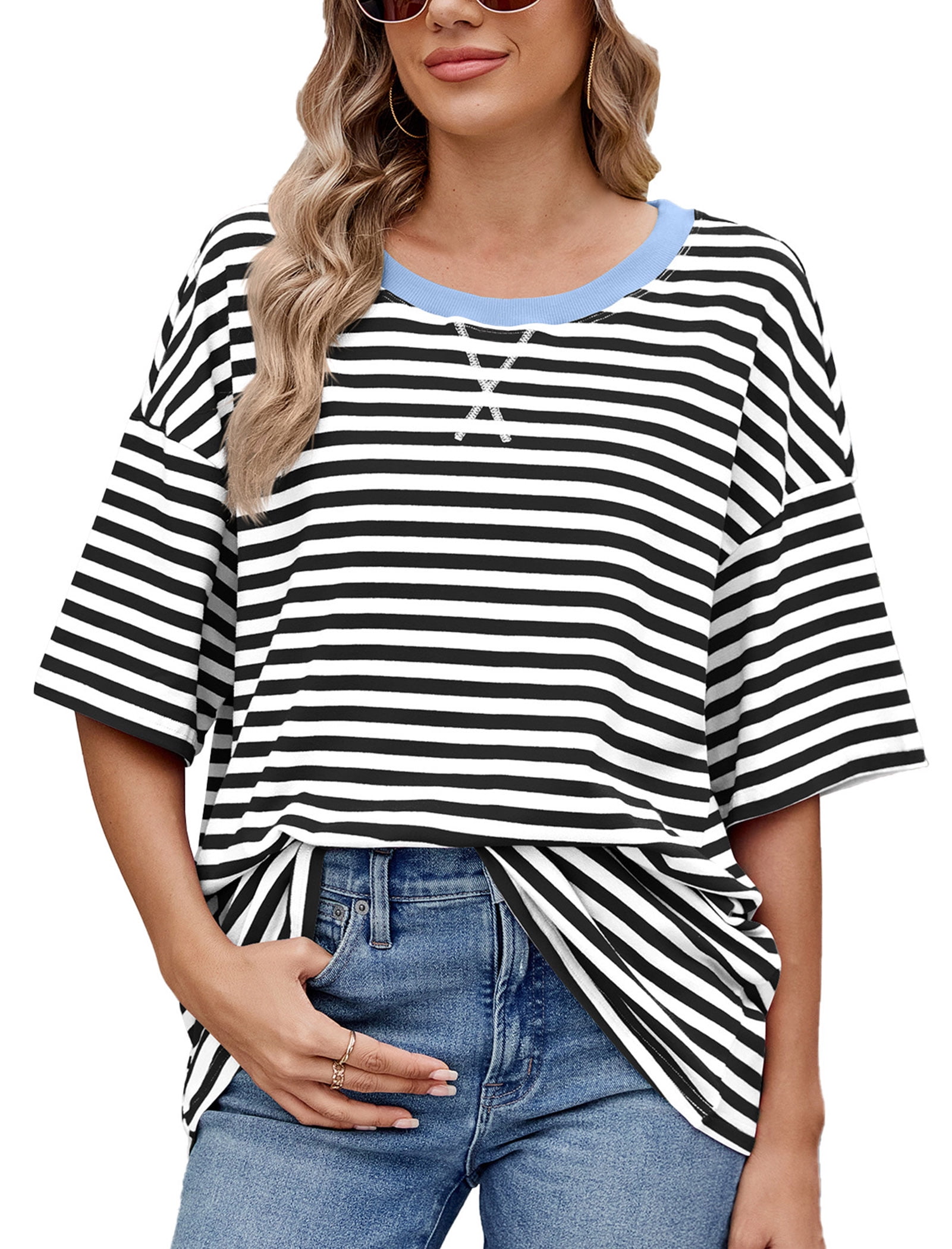 IWEMEK Women Tops Short Sleeve Crew Neck Shirts Comfort Color Block Casual Tee Summer Striped ...