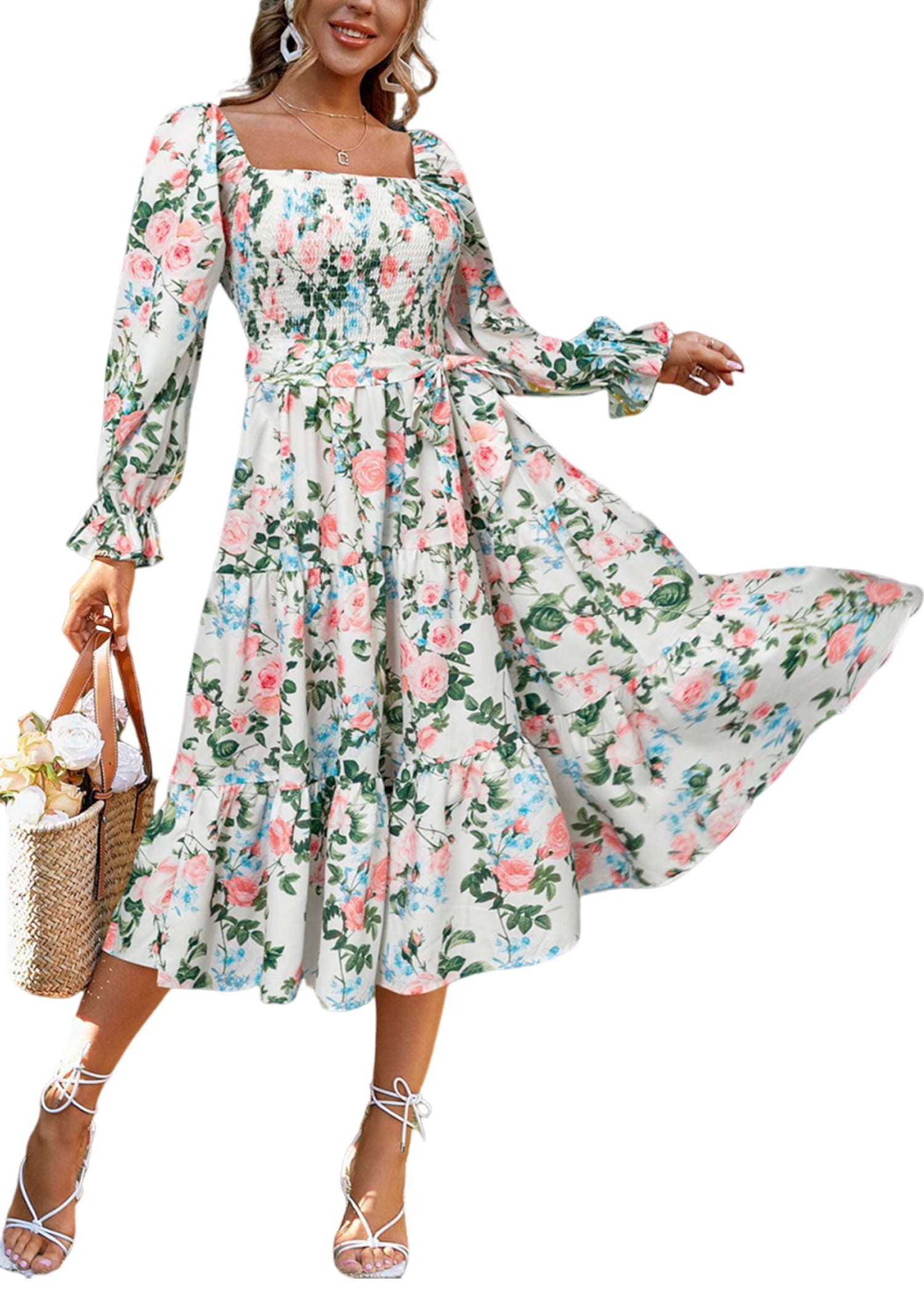 IWEMEK Women's Long Sleeve Dress Vacation Beach Boho Fancy Chic Spring ...