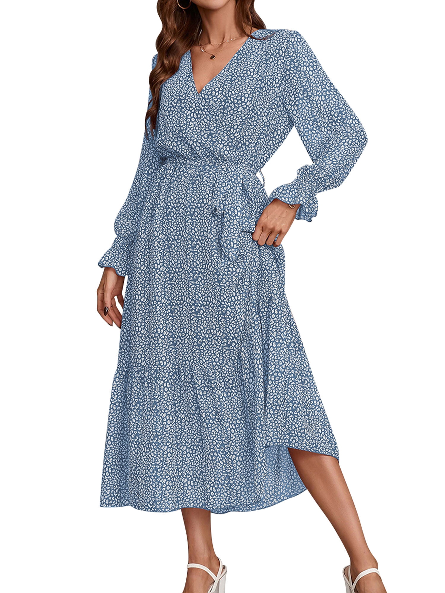 IWEMEK Women's Dresses Casual Spring Dressy Bishop Sleeve Boho Wrap ...