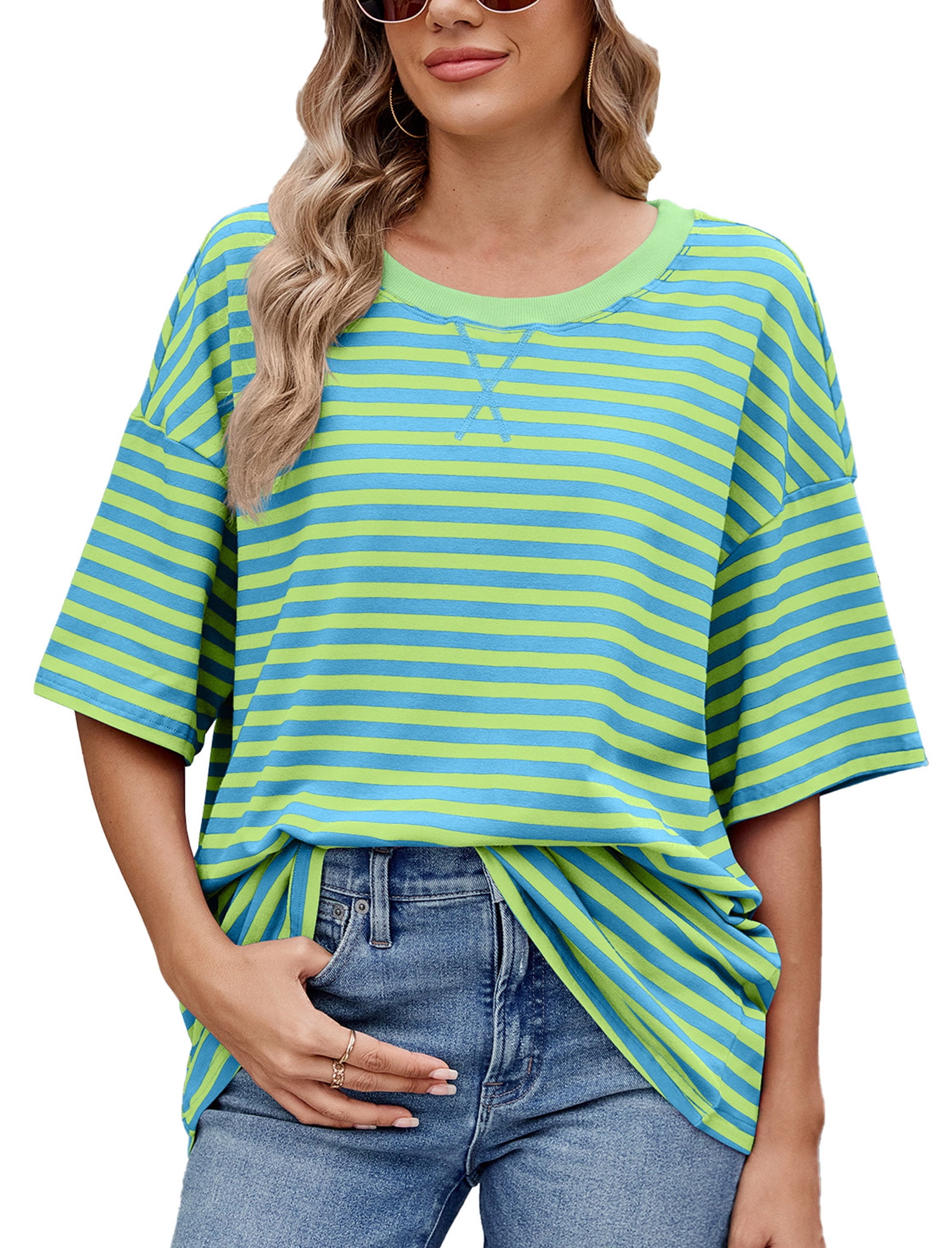 IWEMEK Women's Shirts Casual Summer Stripe T-Shirt Elbow Length Sleeve ...