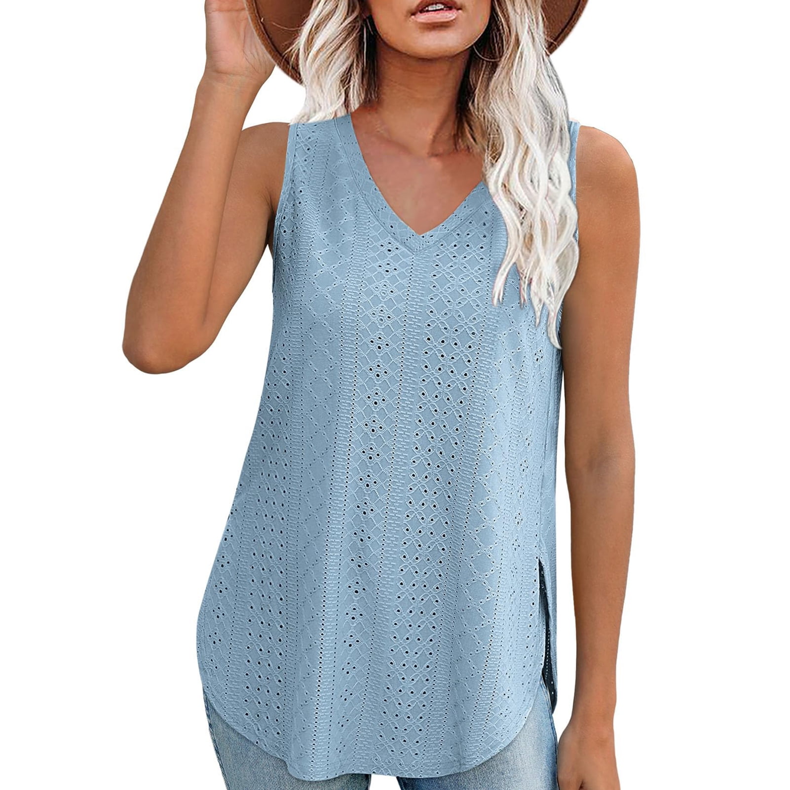 Iwemek Womens Top V Neck Fashion Summer Tank Tops Eyelet Hollow Out