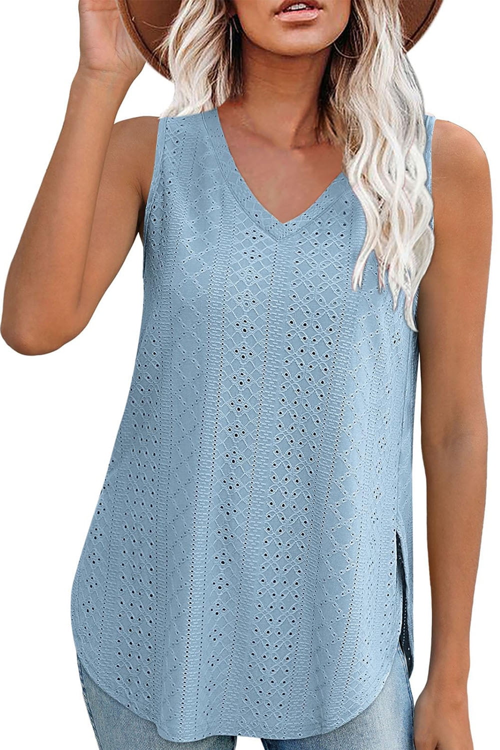 IWEMEK Women's Top V Neck Fashion Summer Tank Tops Eyelet Hollow Out ...