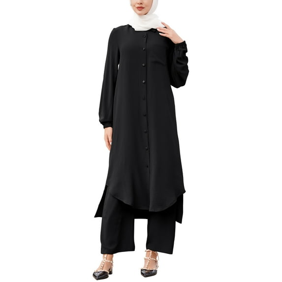 IWEMEK Womens Abaya 2-Piece Set Semi Formal Dubai Kaftan Fall Loose Long Sleeve Black Muslim ...