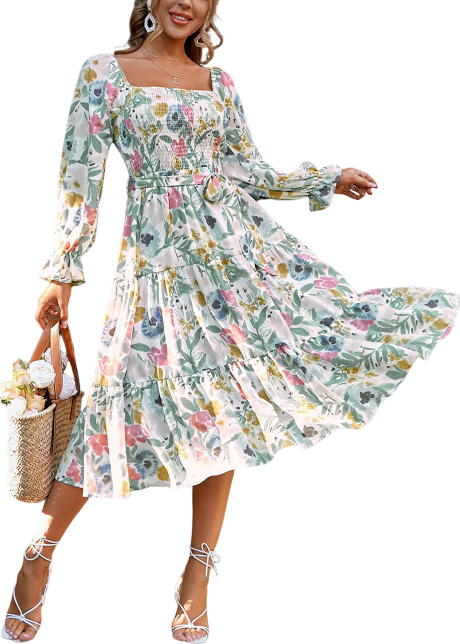 IWEMEK Womens Fall Dress Casual Square Neck Wedding Guest Dresses Loose ...