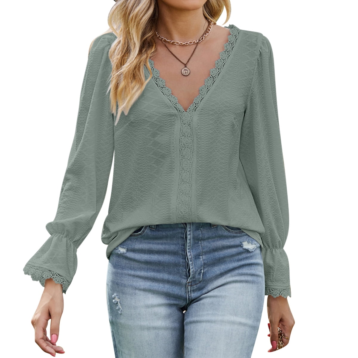 IWEMEK Womens Long Sleeve Top Casual Fall V-Neck Comfort Pure Green ...
