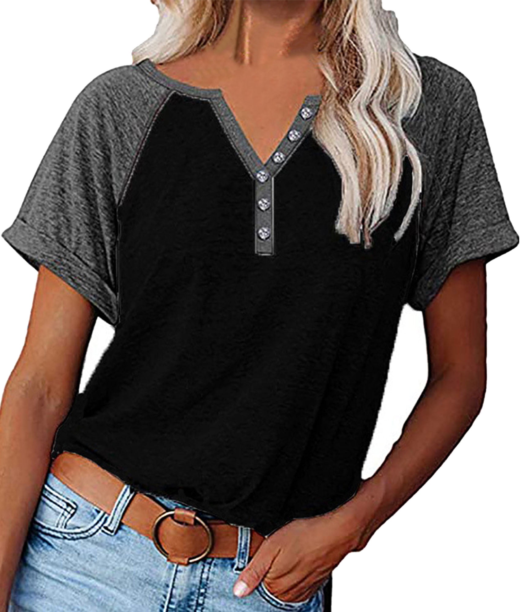 IWEMEK Womens Top Raglan Short Sleeve Henley Neck Tshirt for Women ...