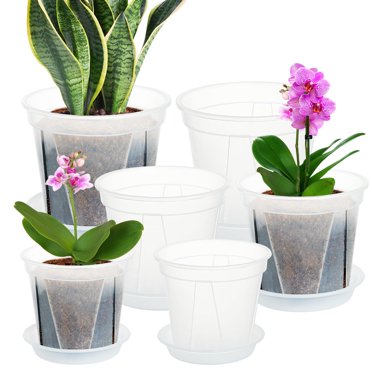FOUKUS Set of 5 Green Self Watering Plastic Plant Pots with Drainage ...