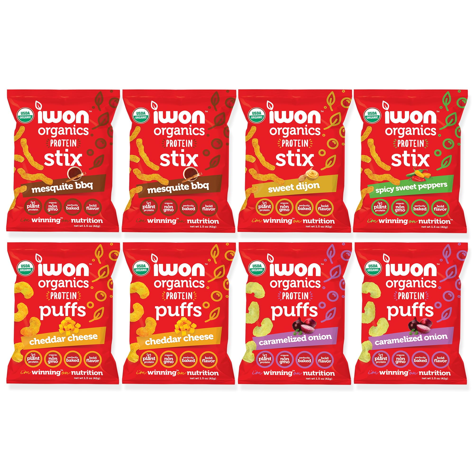 IWON Organics, Variety Pack CM31 of 8 Tasty Snacks, Protein Puffs and Snack Stix, High Protein ...