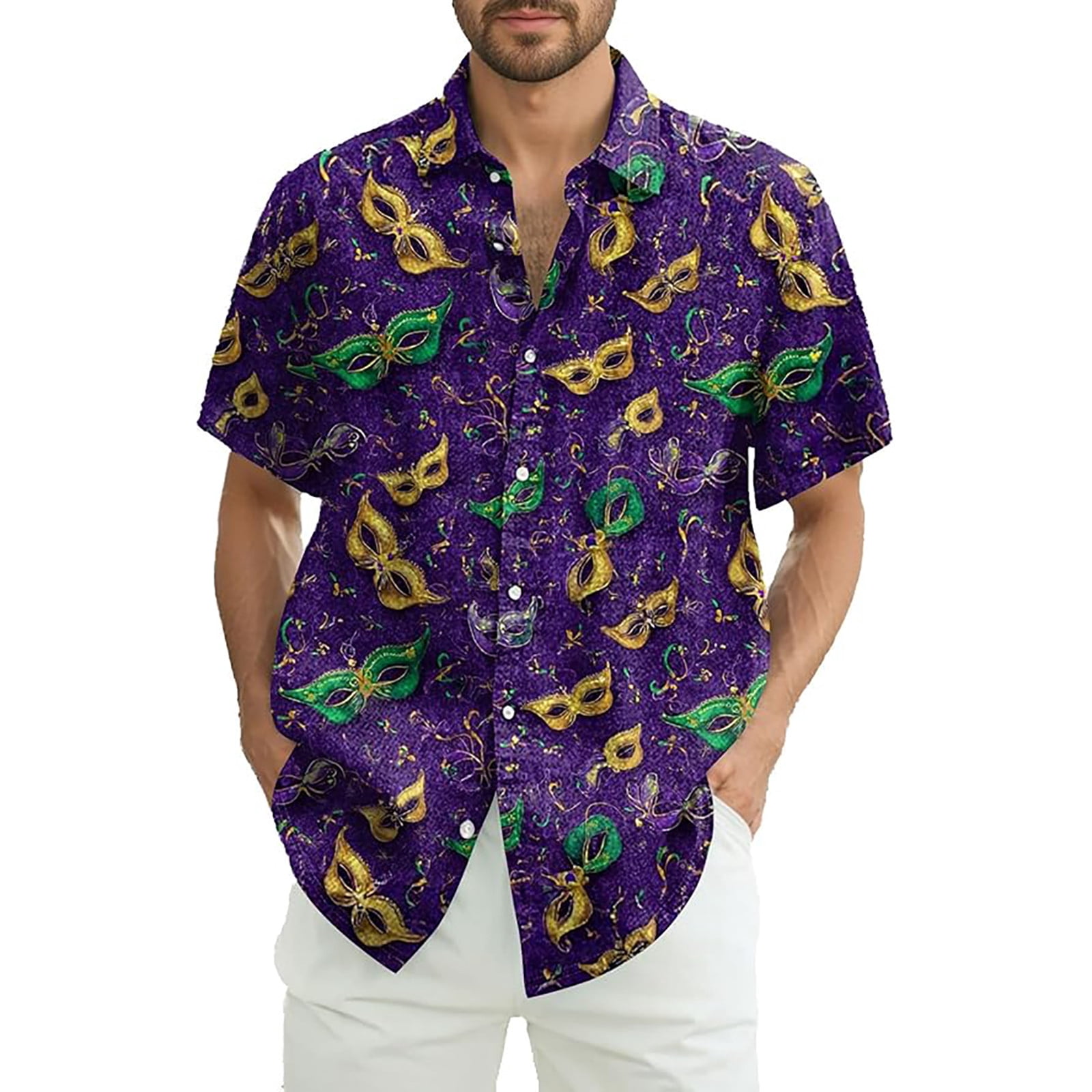 IWRICH Mardi Gras Shirts for Men Plus Size Short Sleeve Button down ...
