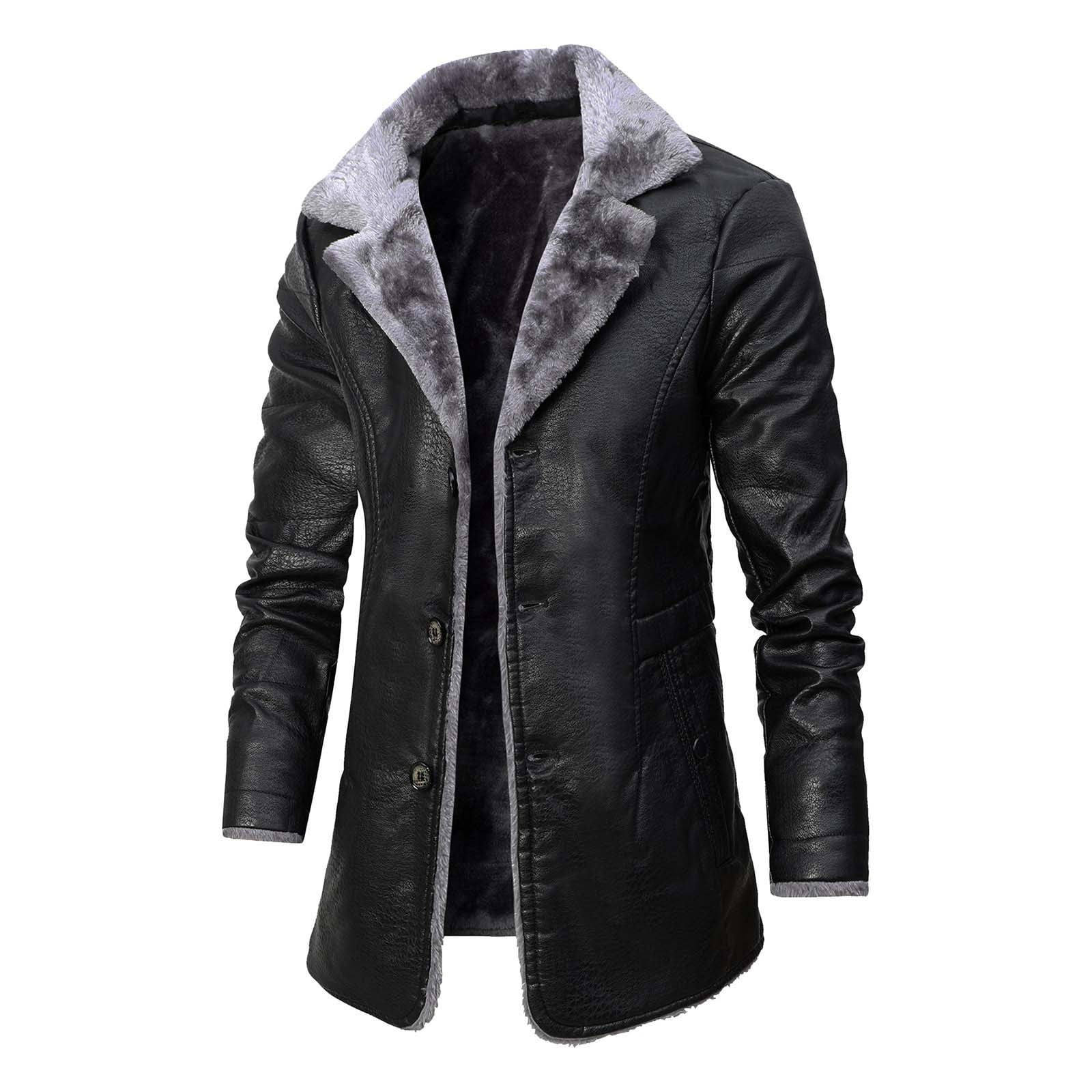 IWRICH Men's Faux Leather Jacket Thick Faux Fur Shearling Lapel Collar ...