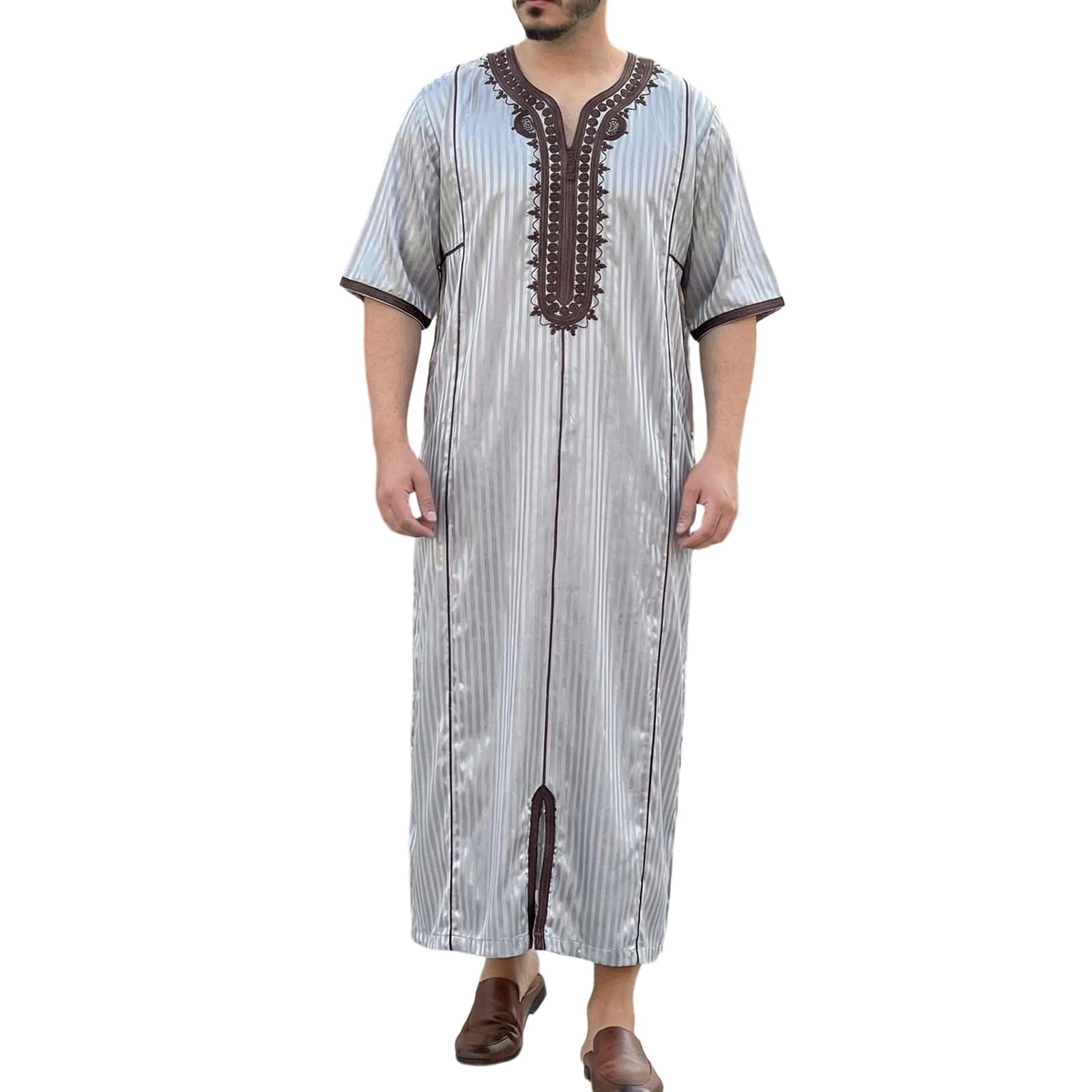 IWRICH Men's Clothes Short Sleeves V-Neck Thobe Middle East Kaftan ...
